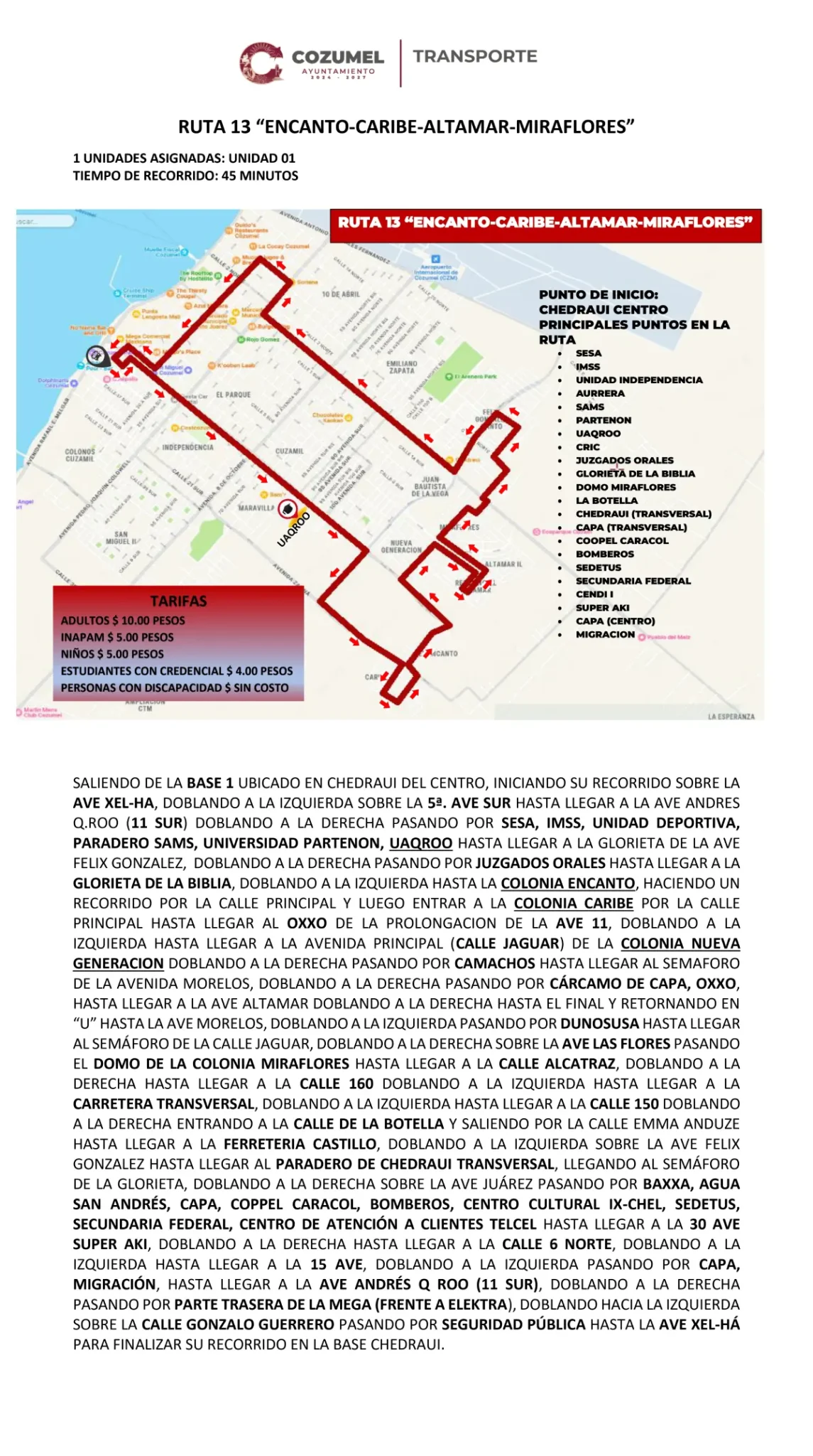 Ruta 13 Encanto-caribe-Altamar-Miraflores - Ayuntamiento de Cozumel